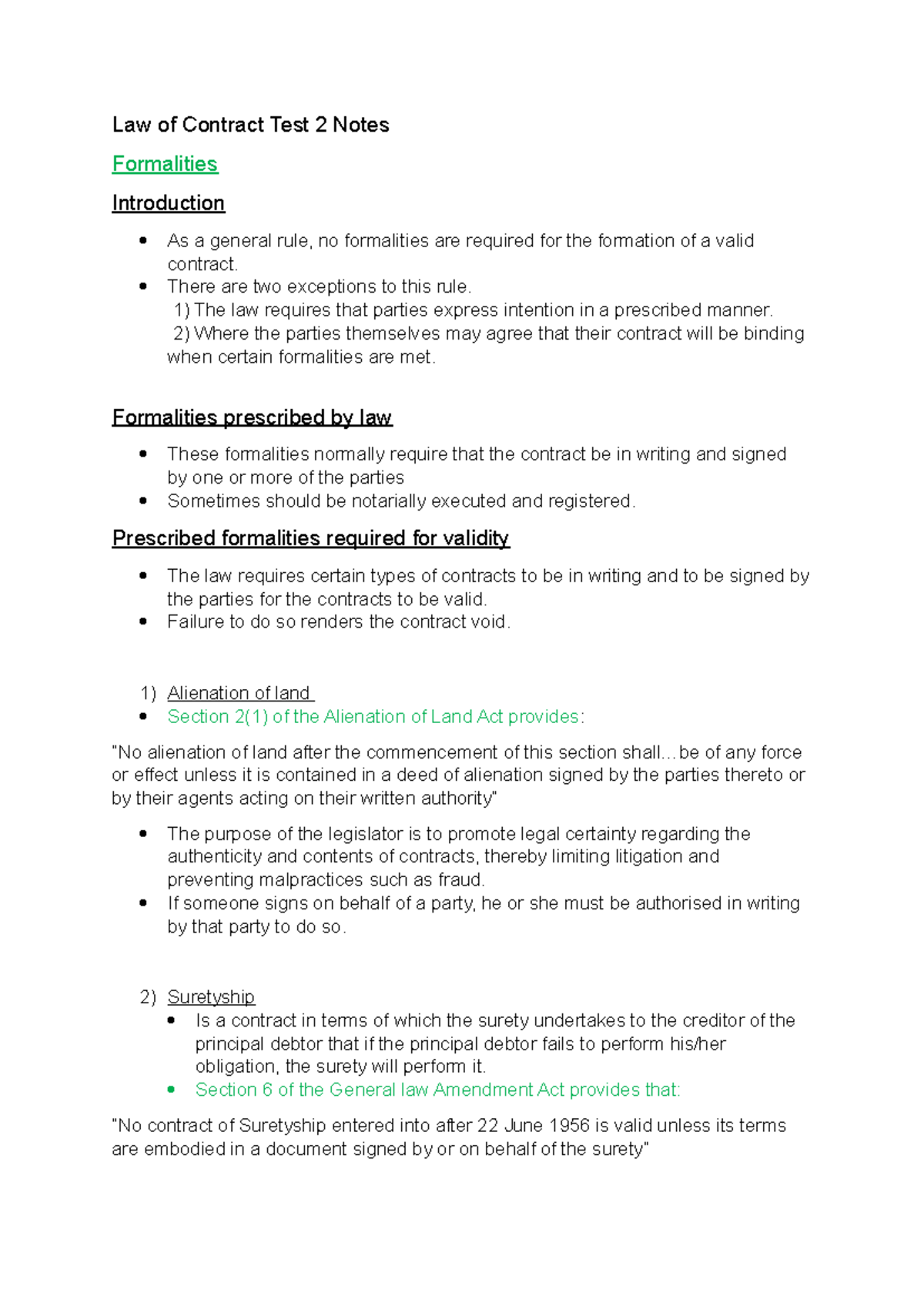 Law of Contract Test 2 Notes - Law of Contract Test 2 Notes Formalities ...