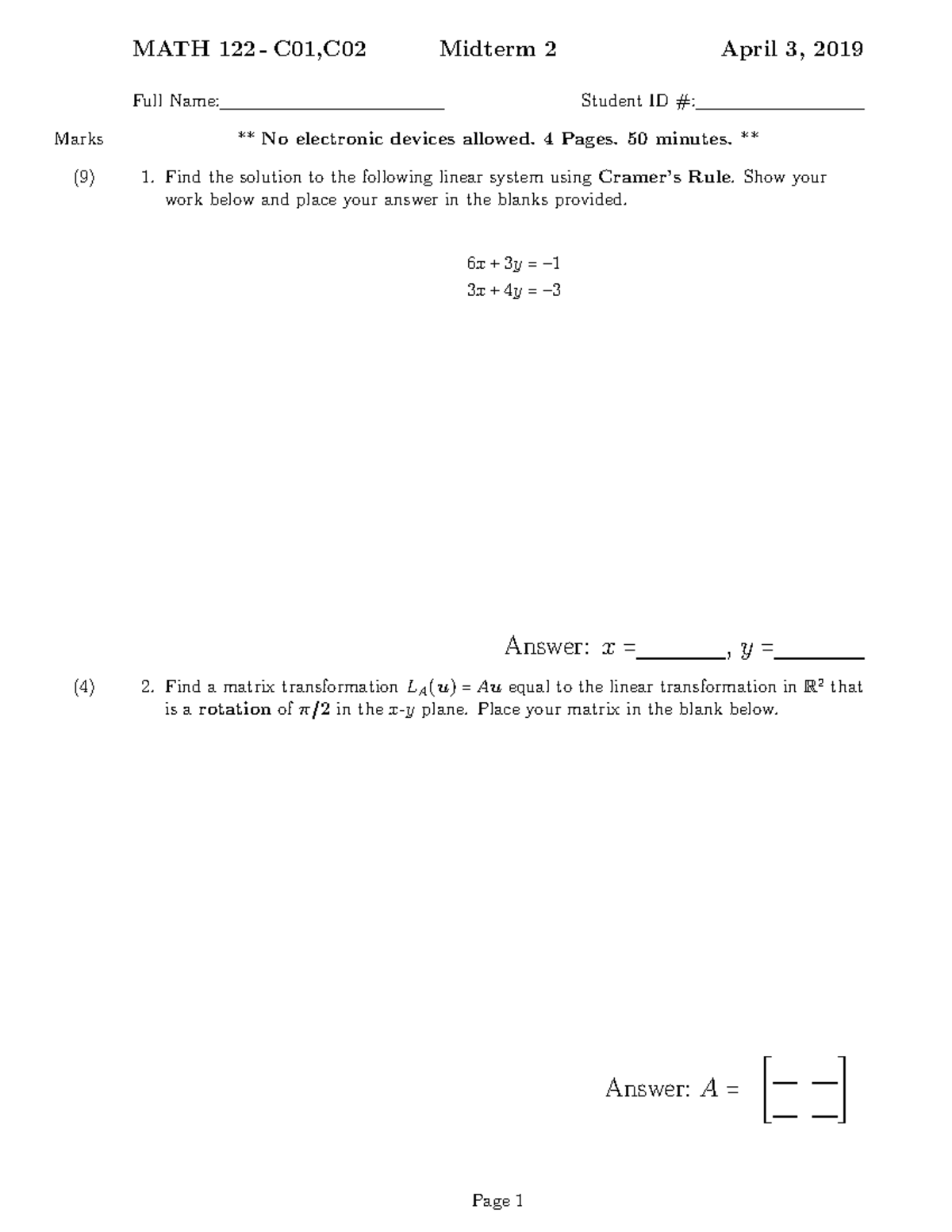 Exam 20 March 2019, questions - MATH 122 - C01,C02 Midterm 2 April 3 ...