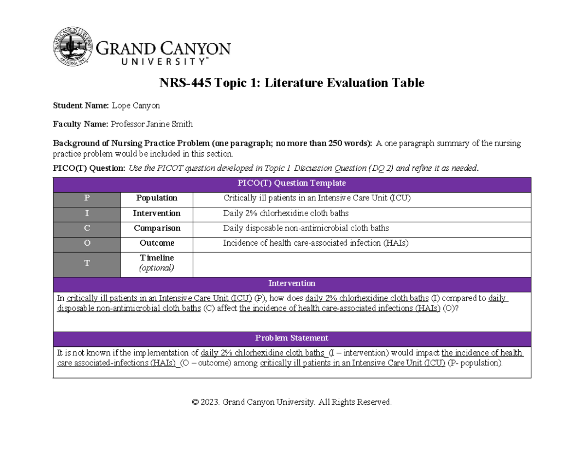NRS-445-RS-T1-Literature Evaluation Table Example - NRS-445 Topic 1 ...