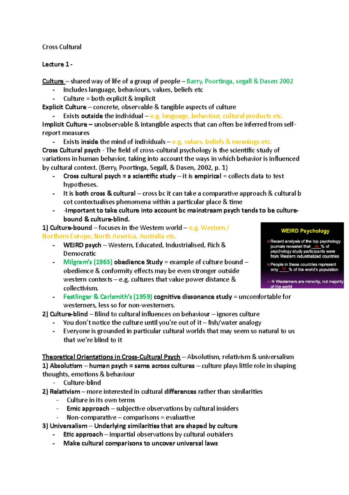 Lectures for Cross-Cultural psychology - Cross Cultural Lecture 1 ...