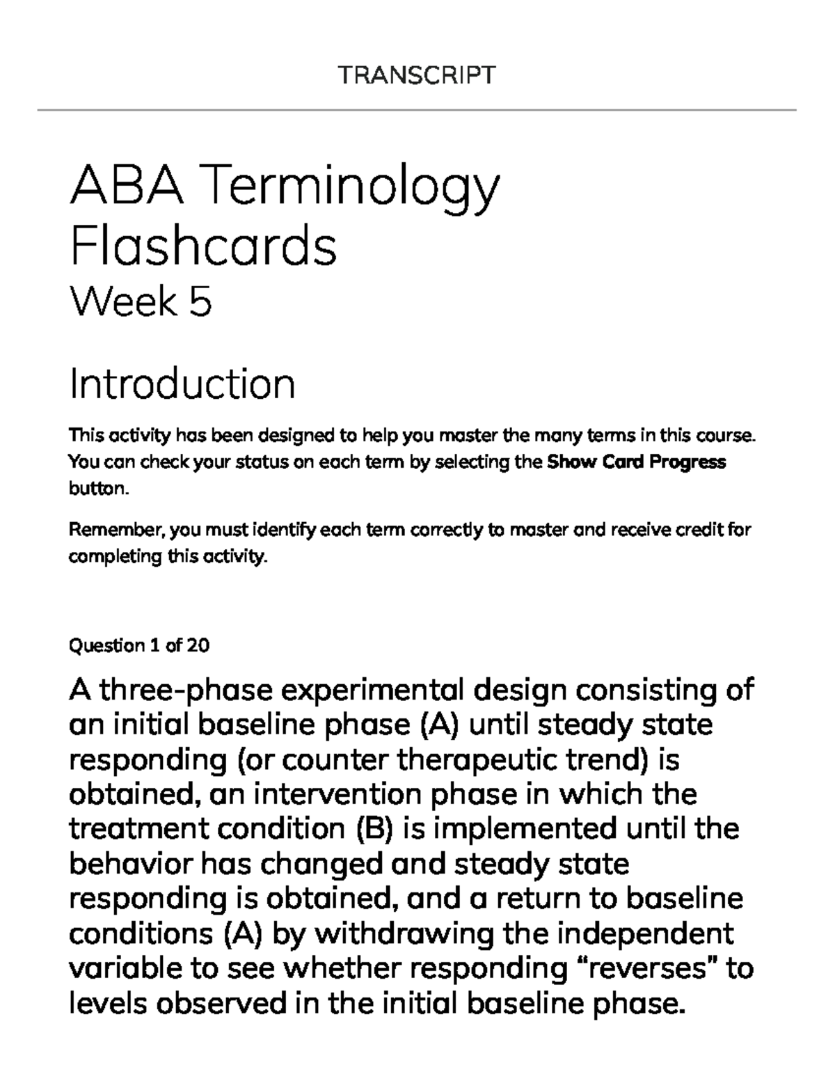 Week 5 ABA Terminology Flashcards - TRANSCRIPT ABA Terminology ...