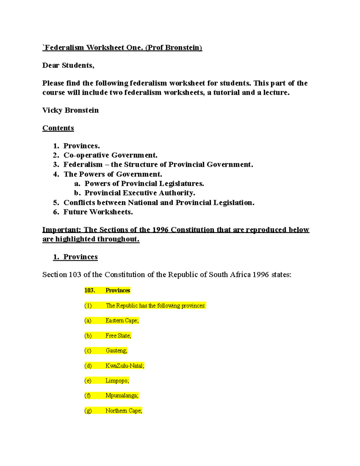 Federalism Worksheet One 2022 Bronstein - `Federalism Worksheet One ...