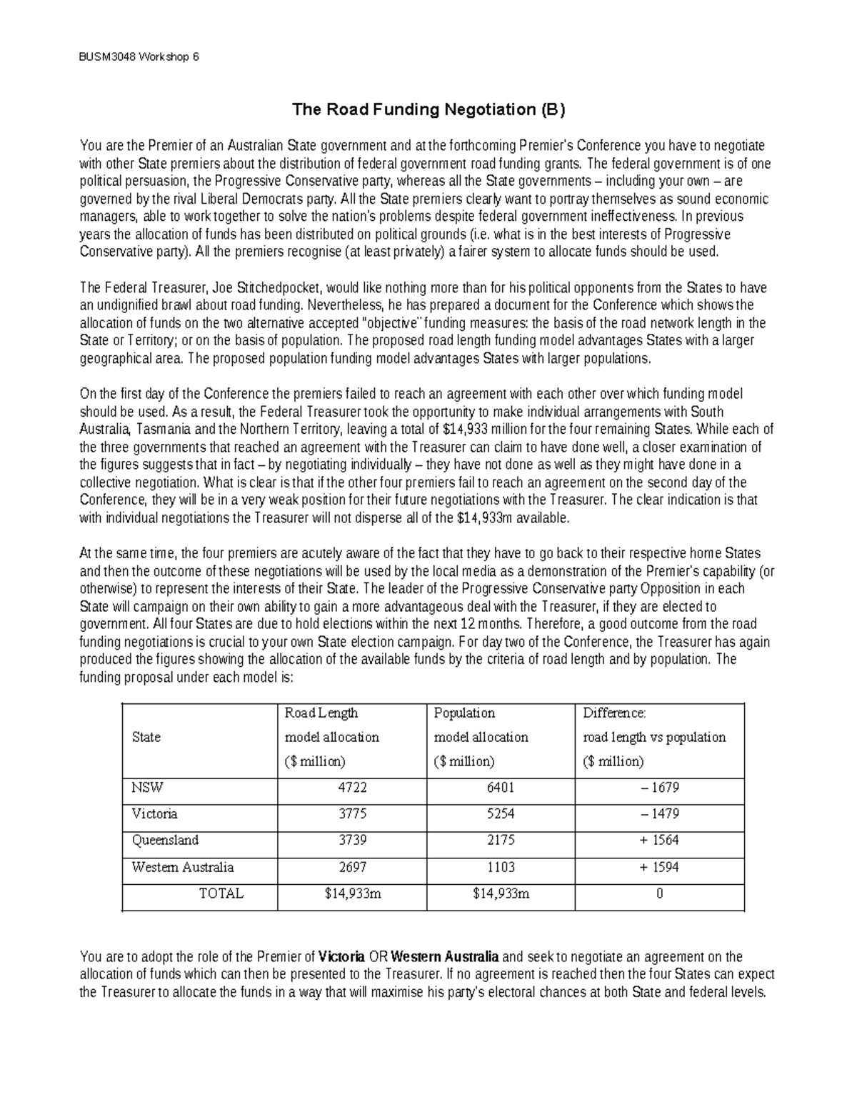 The road funding negotiation B Workshop 6 2022 - BUSM3048 Workshop 6 ...