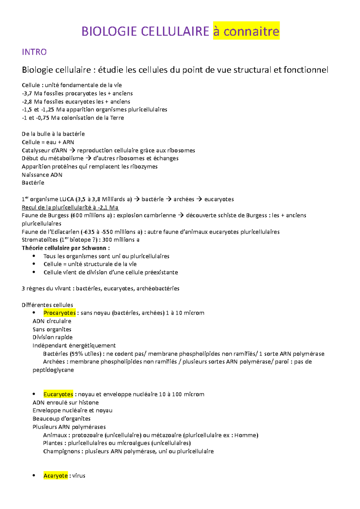 Biocell tout - BIOLOGIE CELLULAIRE à connaitre INTRO Biologie cellulaire : étudie les cellules ...