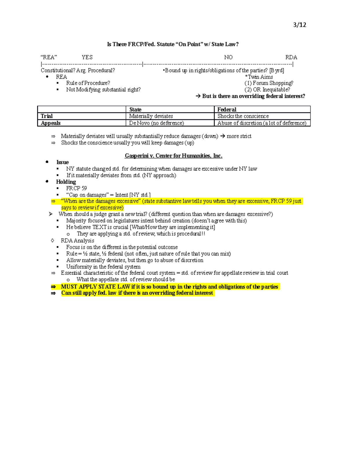 3:12 Notes - Lecture Main Points - 3/ Is There FRCP/Fed. Statute “On ...