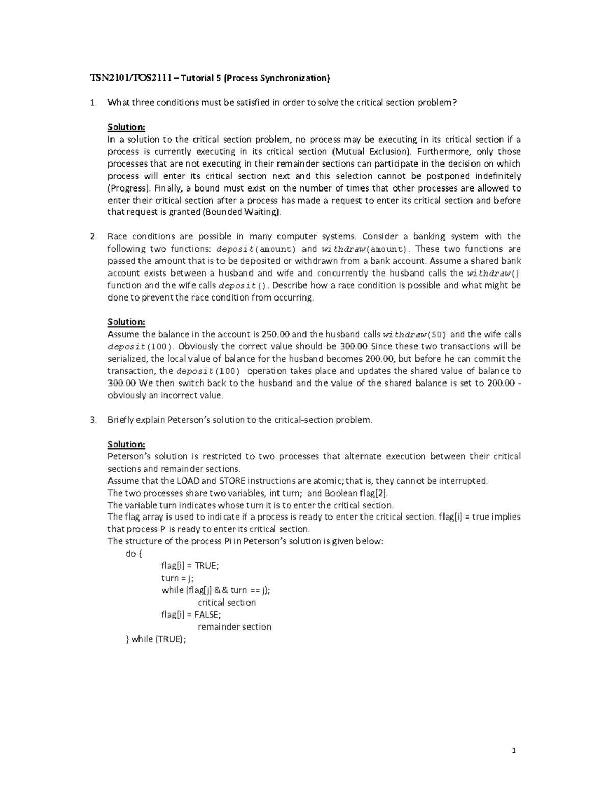 161348 Tutorial 05 Solutions Tsn2101 Tos2111 Tutorial 5 Process Synchronization 1 What