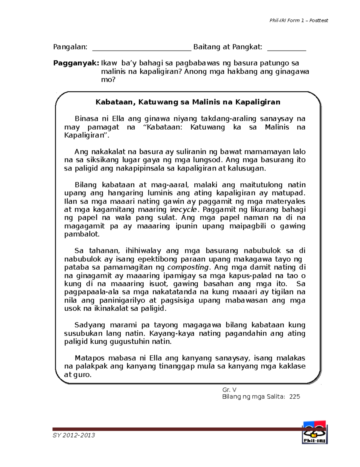 Gr. 5 Kabataan, Katuwang sa Malinis na Kapaligiran - Pangalan