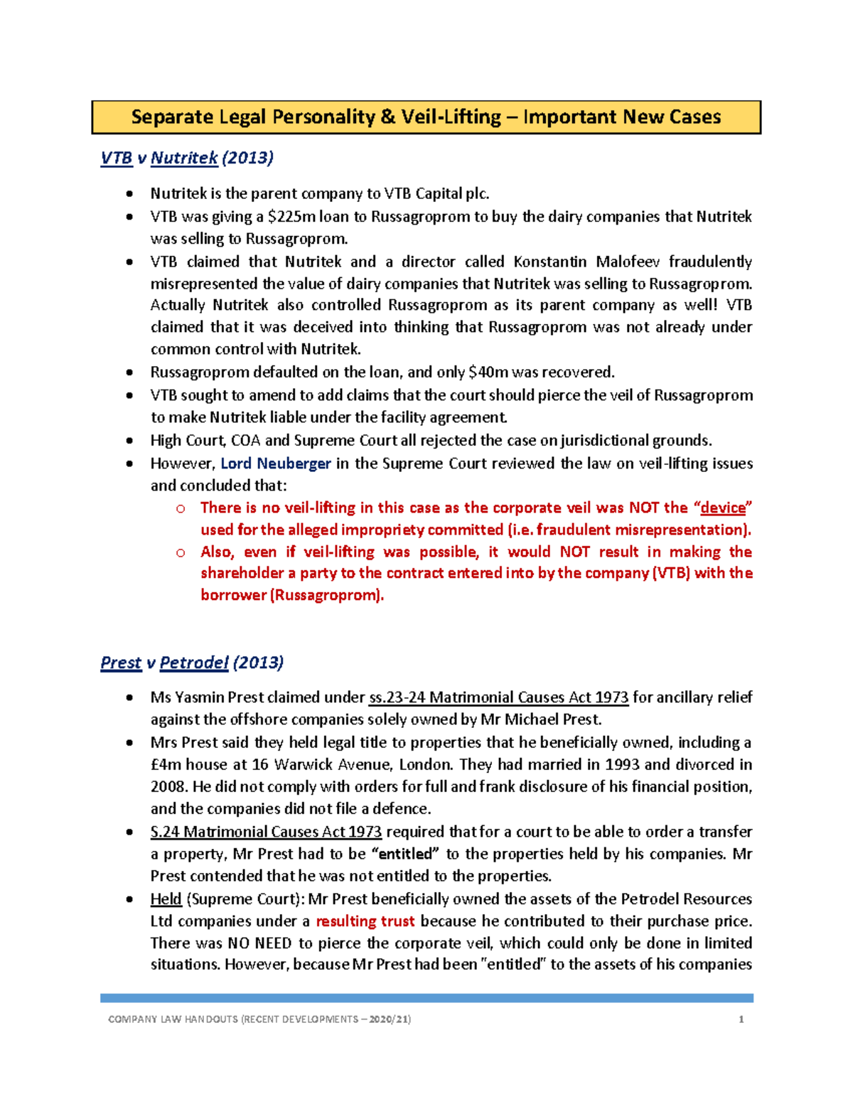 Handout - Separate Legal Personality (Recent Developments) - Separate ...