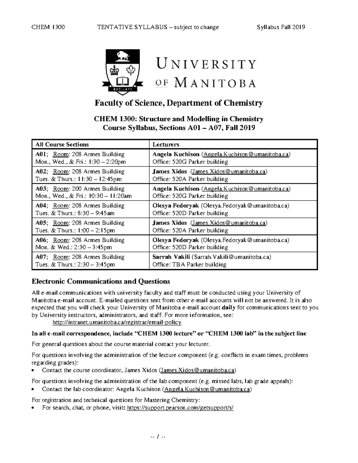 CHEM 1300 Syllabus - schedule - Faculty of Science, Department of ...