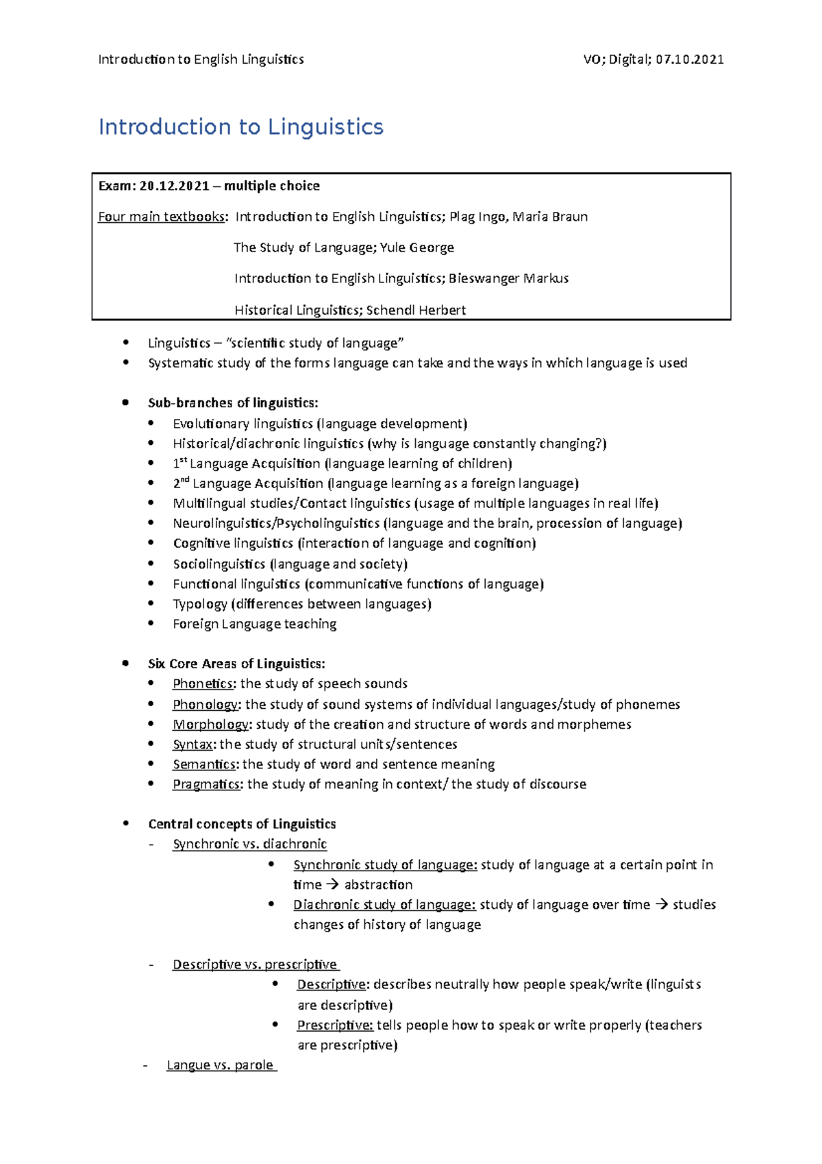 Session 1 - Lecture Notes - Introduction to English Linguistics VO ...