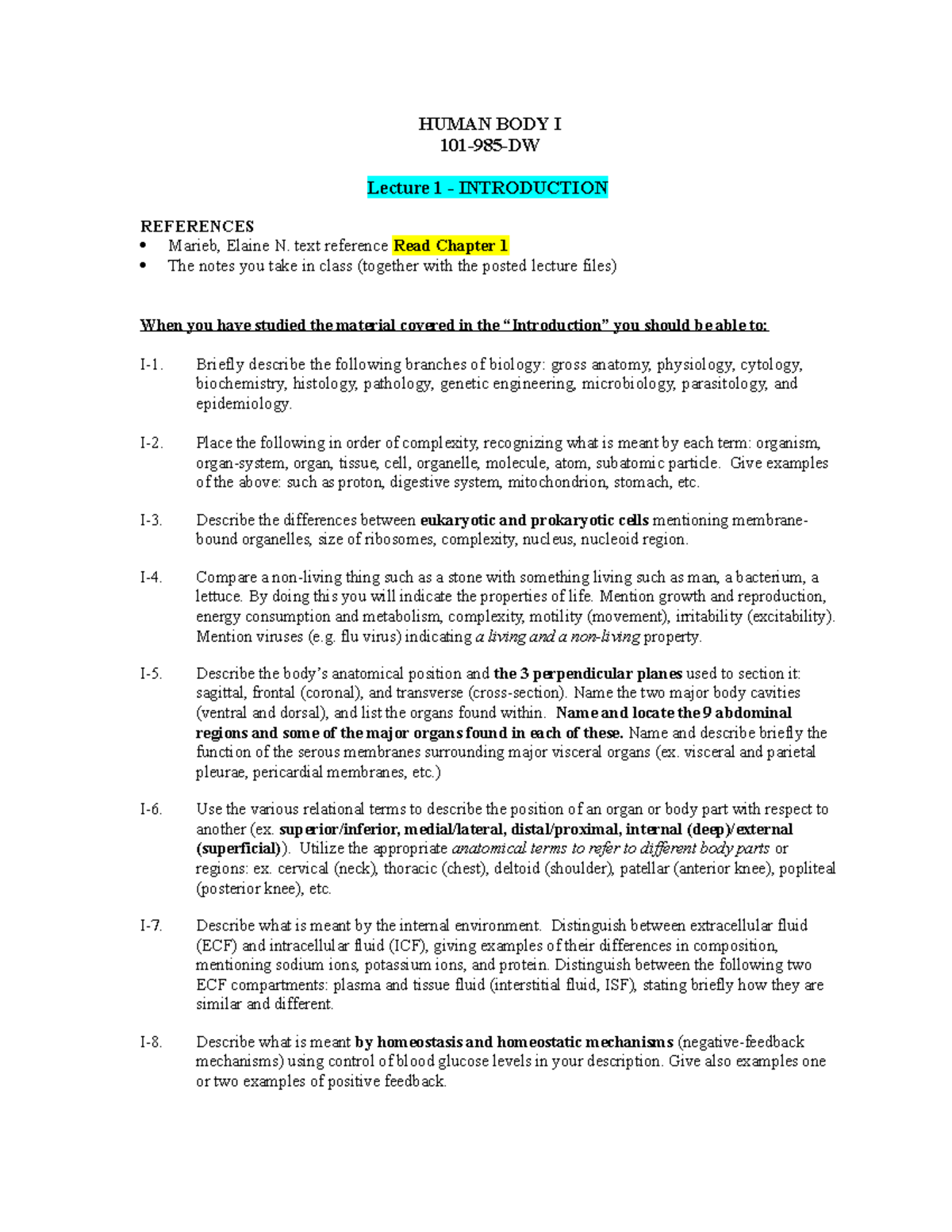 985 Objectives-Intro Lectures 1 and 2 - HUMAN BODY I 101-985-DW Lecture ...