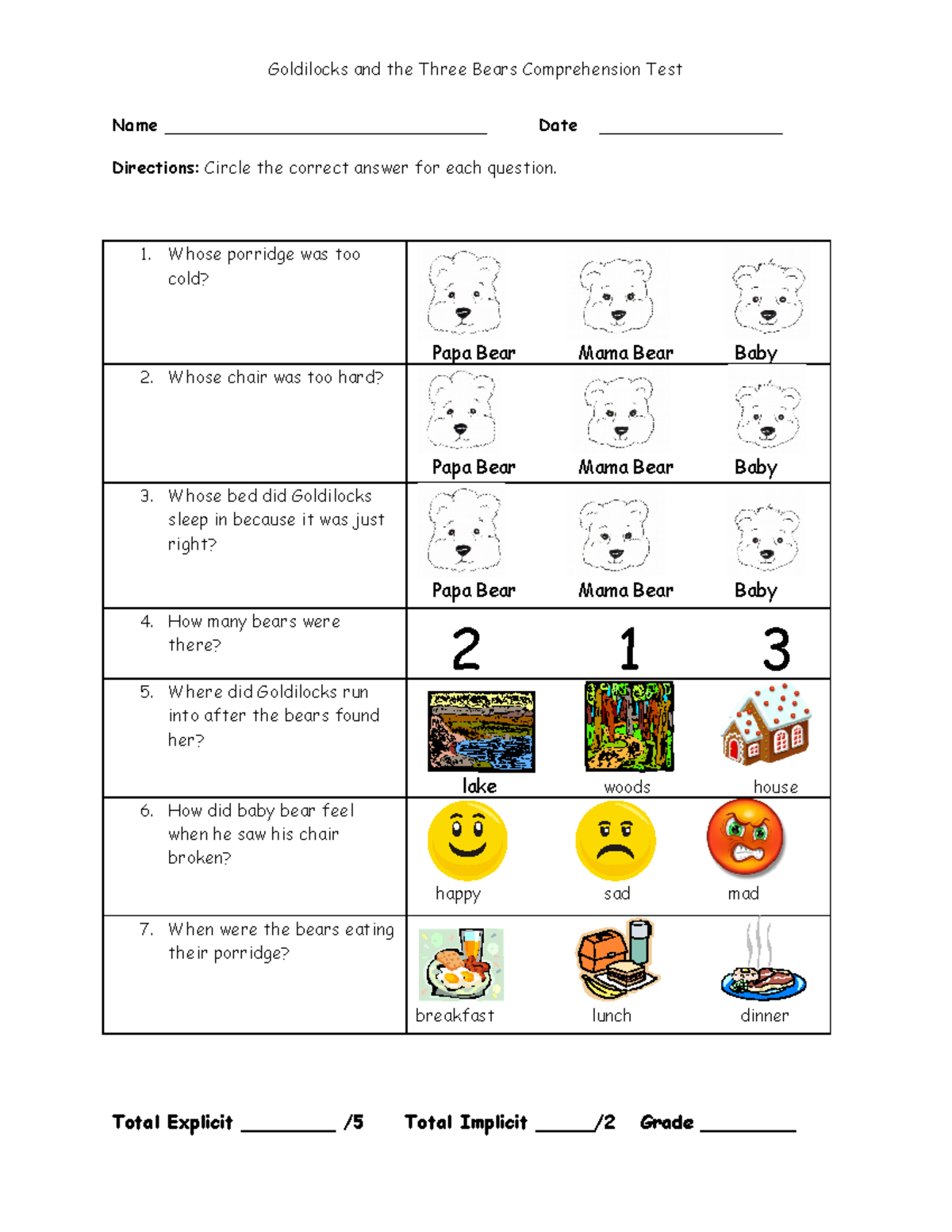 Assessment for Paper - Goldilocks and the Three Bears Comprehension ...