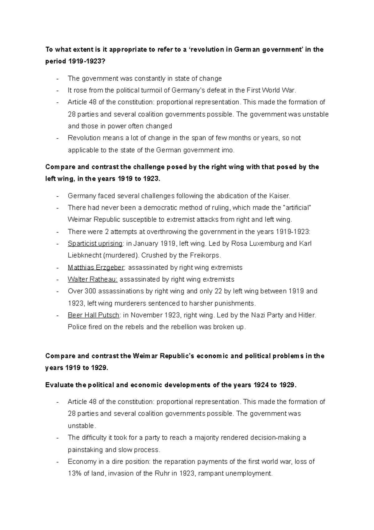 Paper 3 and 2 mock questions weimar republic and interwar years - To ...