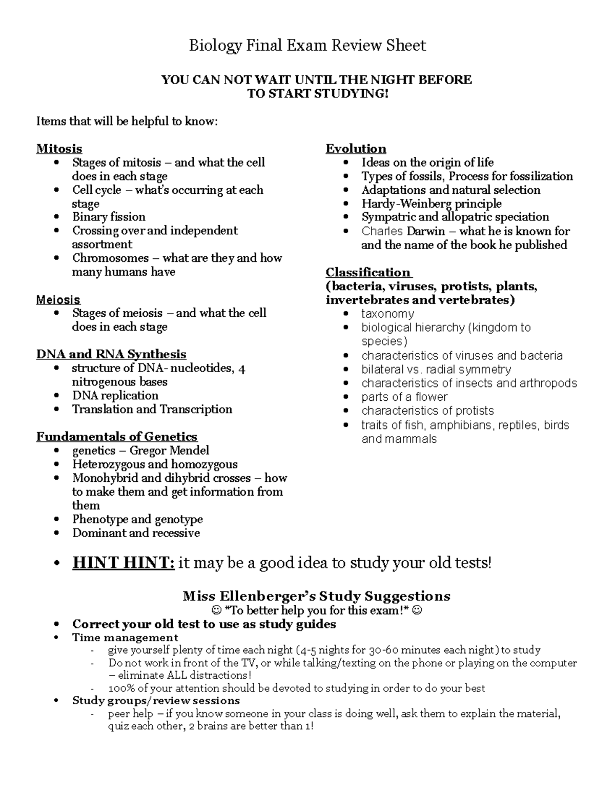 ADV bio Review Sheet - Biology Final Exam Review Sheet YOU CAN NOT WAIT ...