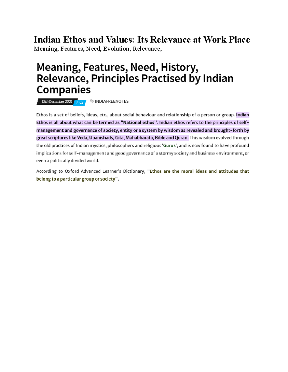 U-1 e Thics n OTES - IEBE - Indian Ethos and Values: Its Relevance at ...