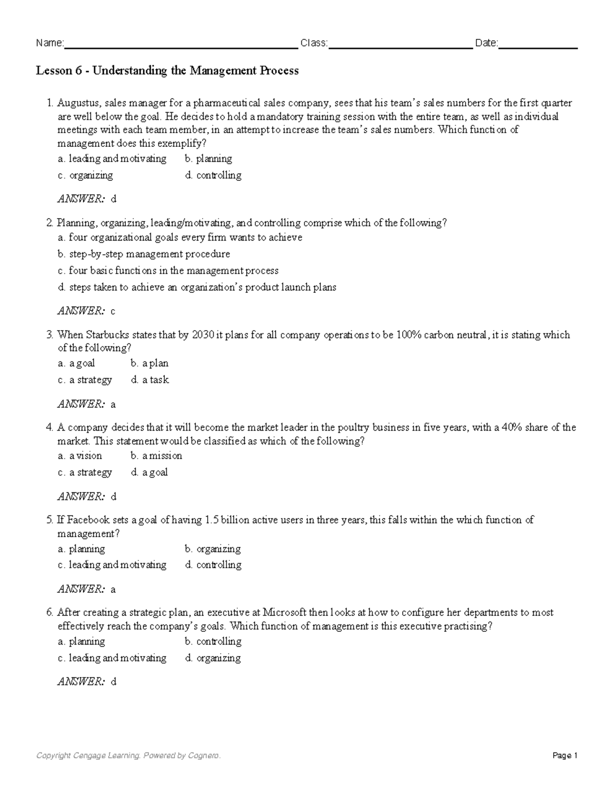 Lesson 6 Understanding the Management Process - Augustus, sales manager ...