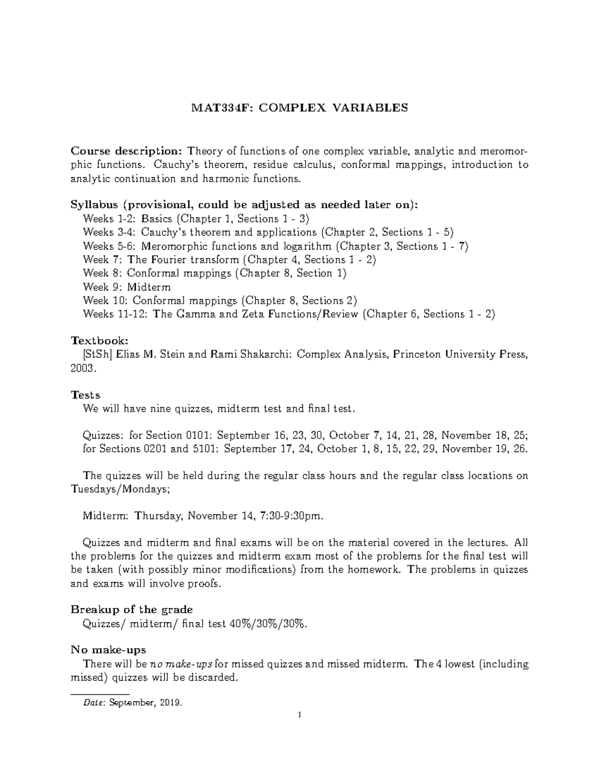 MAT334FCompl Var Description - MAT334F: COMPLEX VARIABLES Course ...