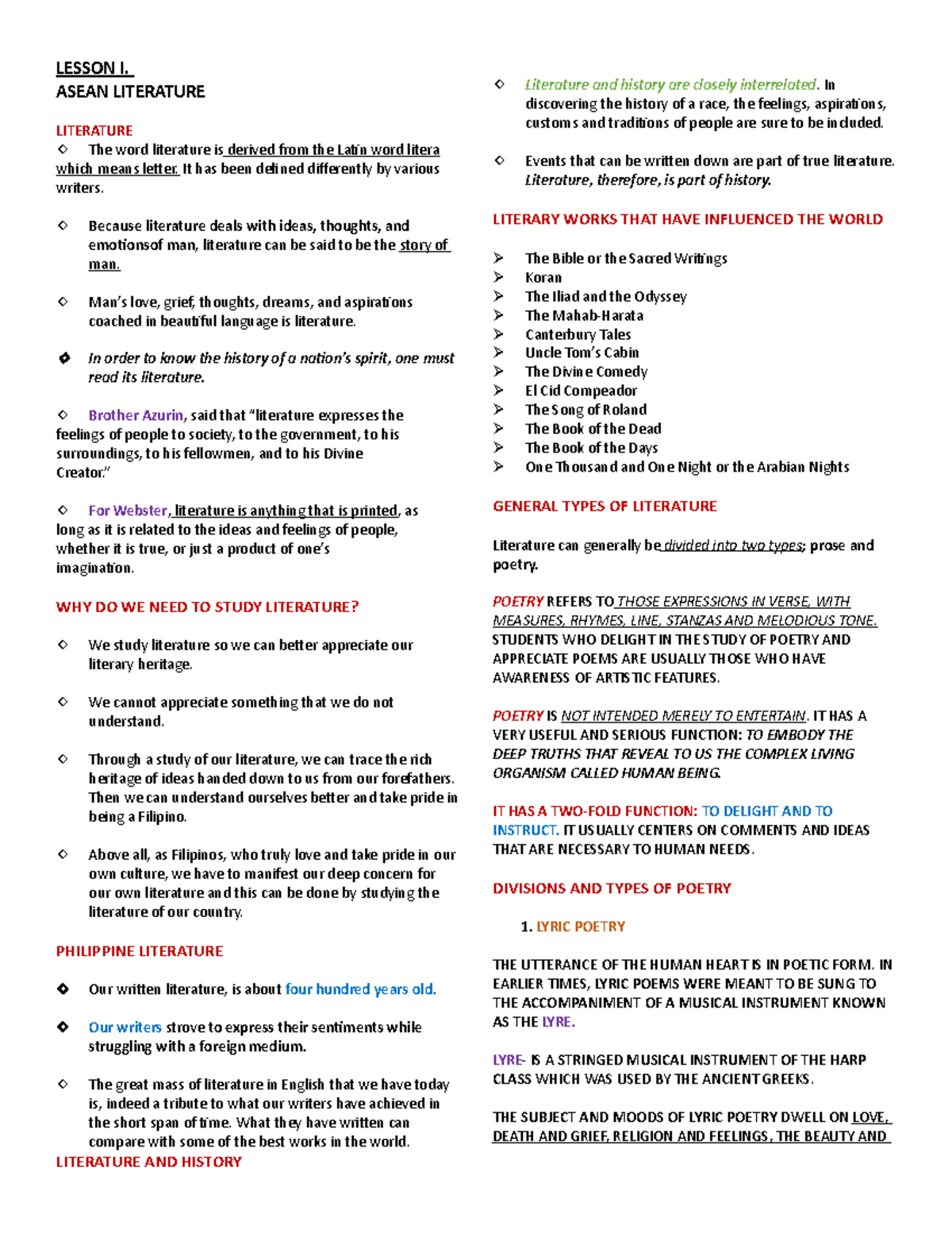 Asean Literature - asian lit. lesson - LESSON I. ASEAN LITERATURE ...