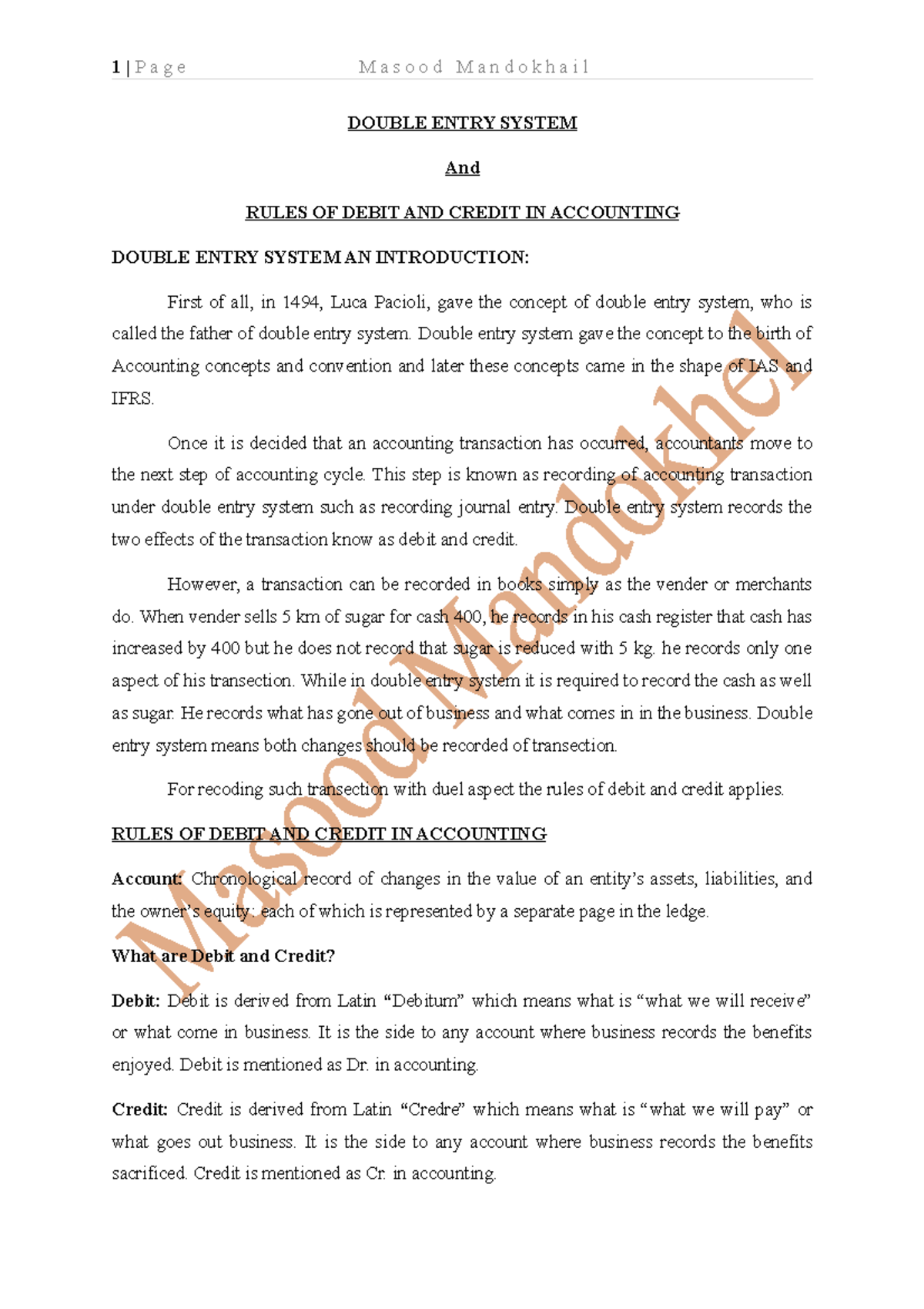 3. Double Entry System and rule of dr and cr - 1 | P a g e M a s o o d ...