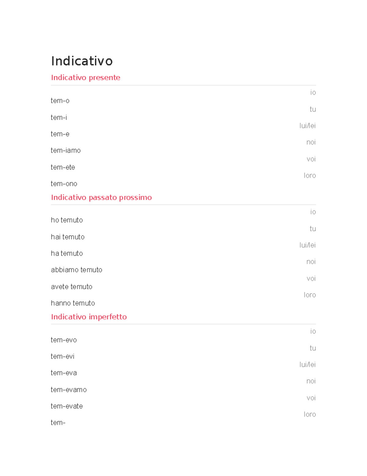 Verbo Temere - Indicativo Indicativo presente io tem-o tu tem-i lui/lei ...