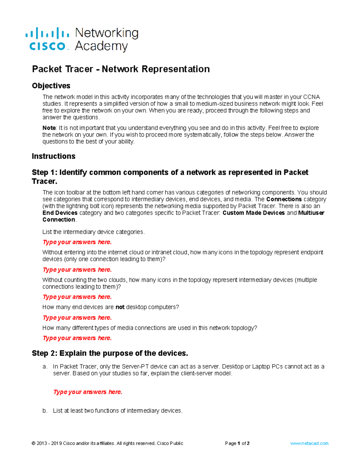 1.5.5 Packet Tracer - Network Representation - Packet Tracer - Network Representation Objectives ...