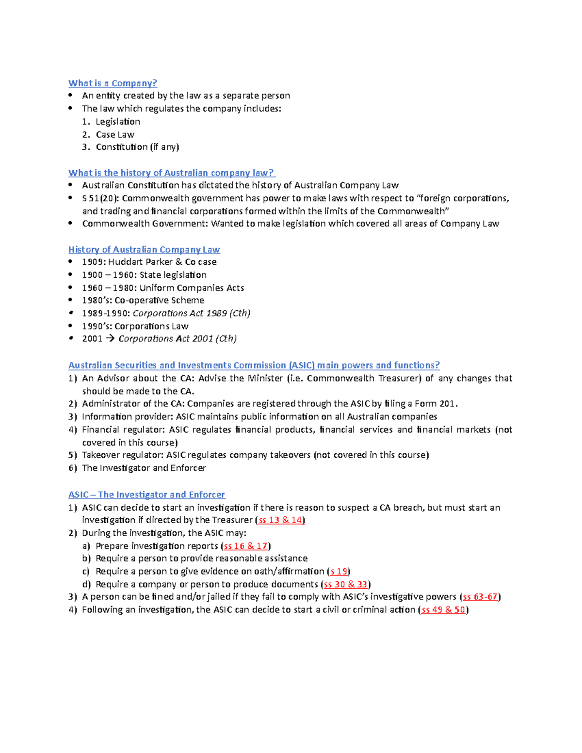 Study Notes - ASIC - Introduction to Companies What is a Company? An ...