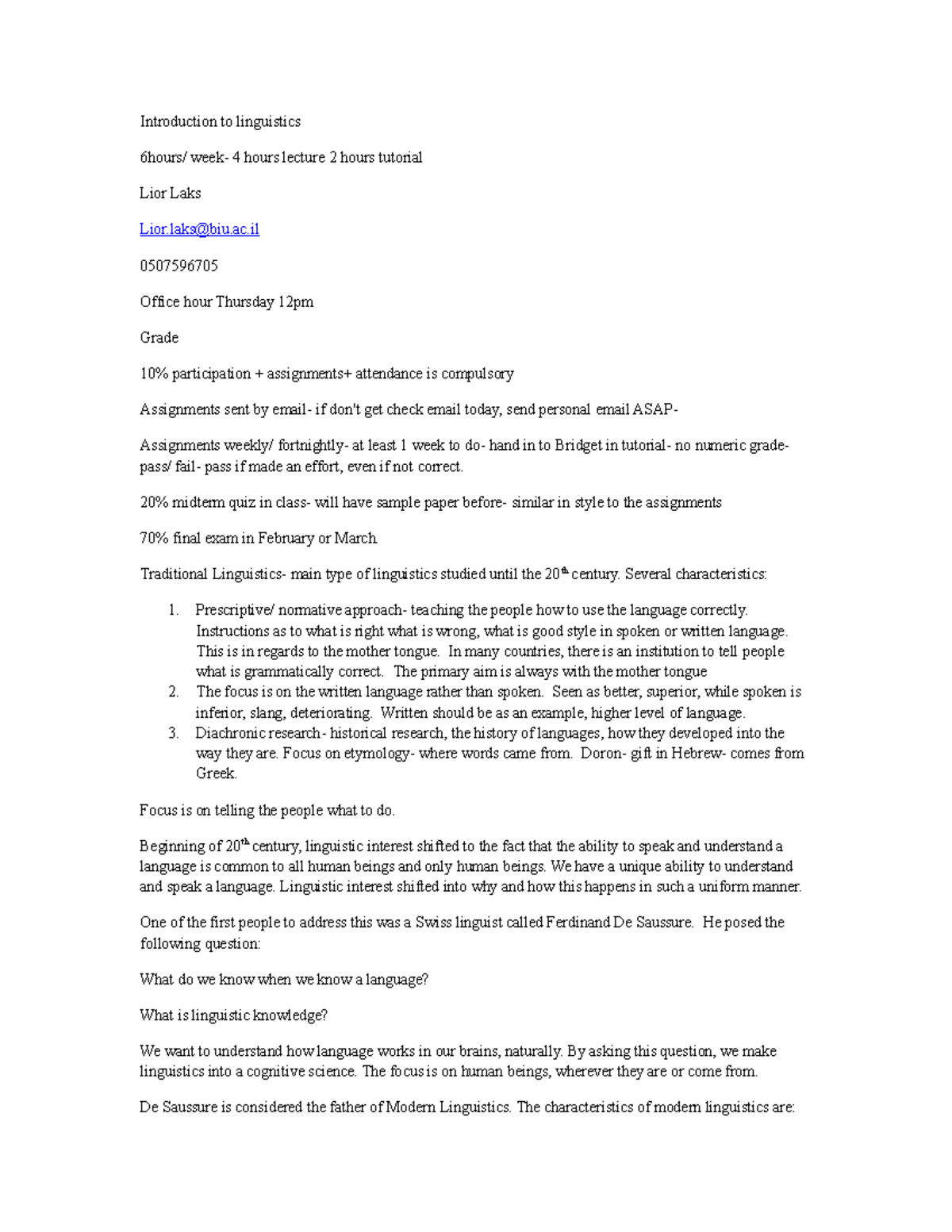 Intro to Linguistics Notes - Introduction to linguistics 6hours/ week ...