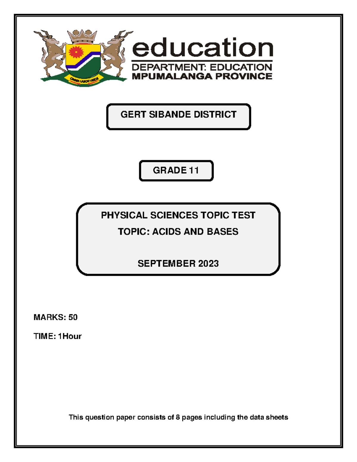 Topic TEST QP G11 ( Acids & Bases 2023)-1 - MARKS: 50 TIME: 1Hour This ...