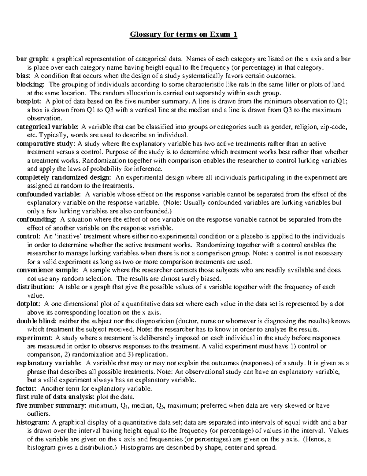 Principles of Statistics Exam 1 Review Notes - Glossary for terms on ...