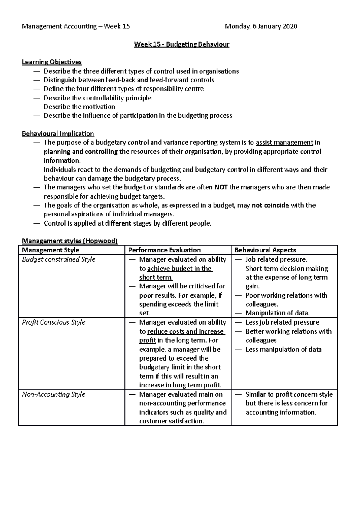 Lecture - Week 15 - Week 15 - Budgeting Behaviour Learning Objectives — Describe the three ...