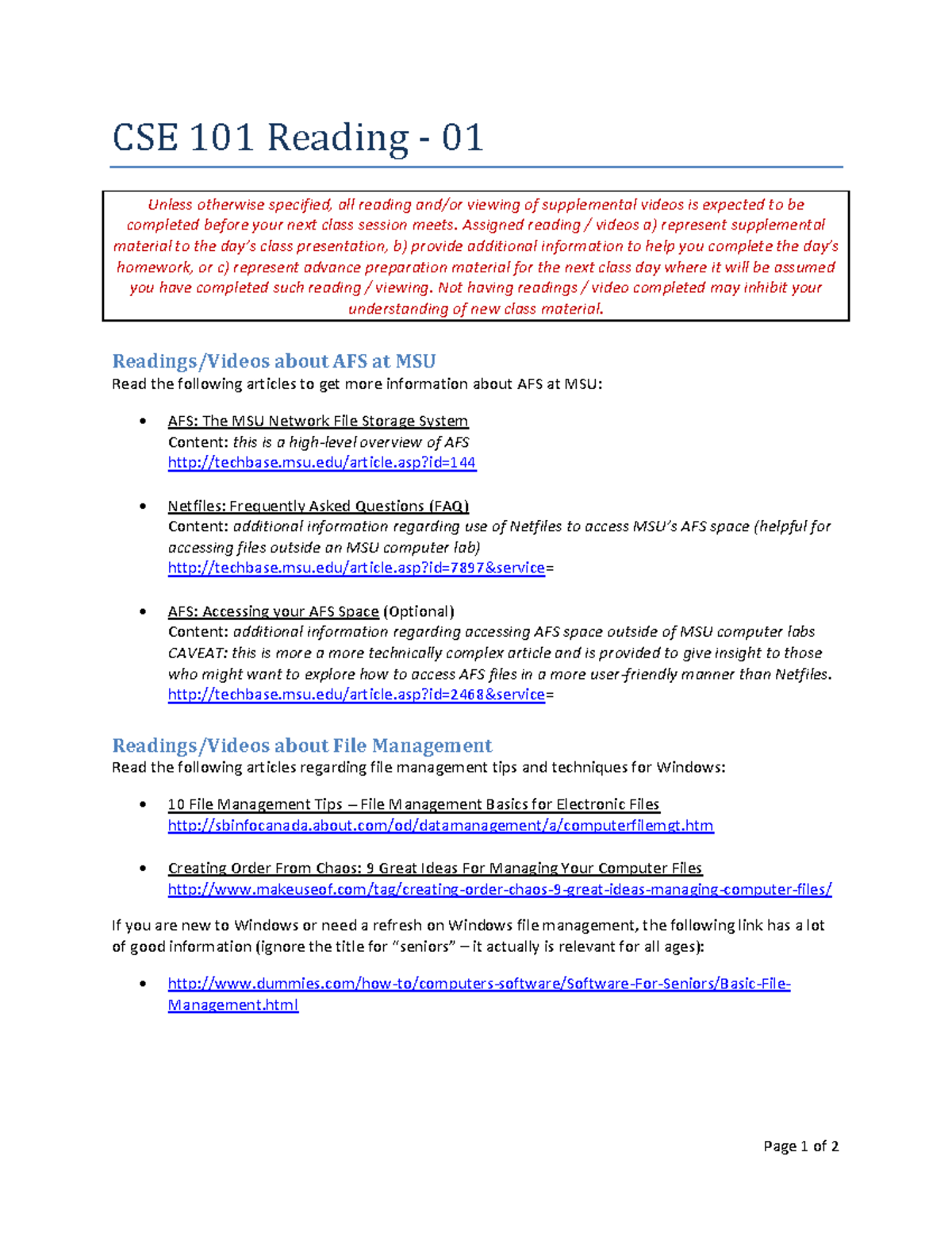 Day01 Readings - Page 1 of 2 CSE 101 Reading - 01 Unless otherwise specified, all reading and/or ...