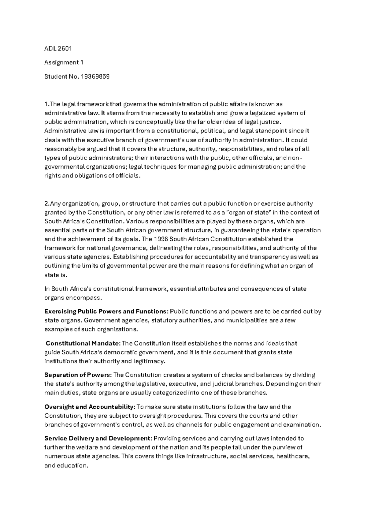 ADL 2601 - ADL 2601 Assignment 1 Student No. 19369859 1 legal framework ...