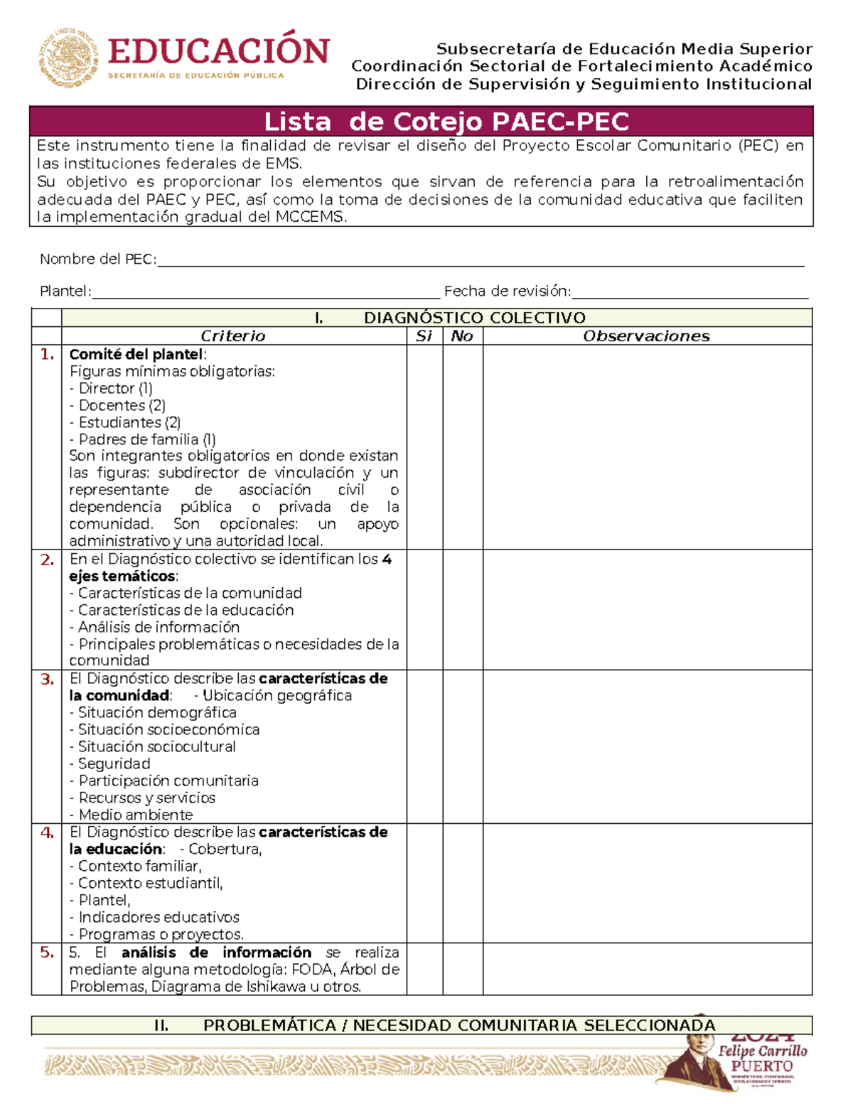 Lista de Cotejo PAEC-PEC 2024 DSy SI - Coordinación Sectorial de ...