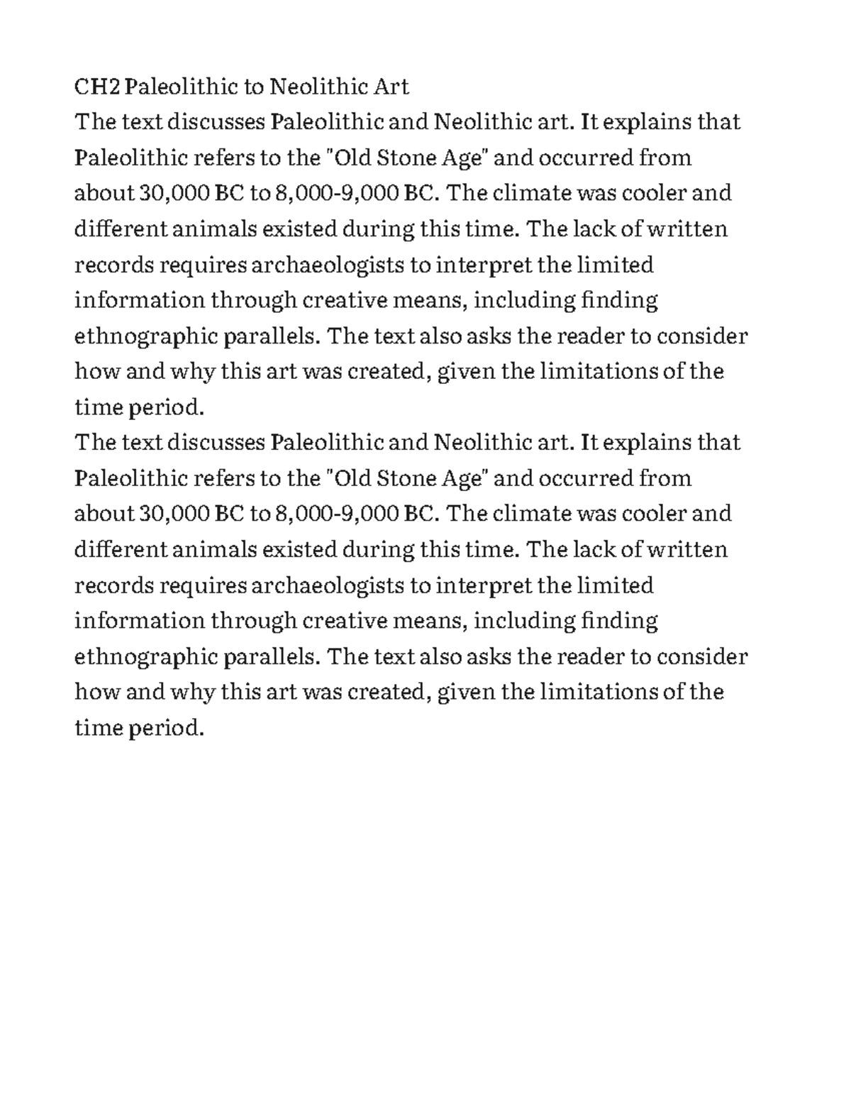 CH2 Paleolithic to Neolithic Ages Summary - CH2 Paleolithic to ...