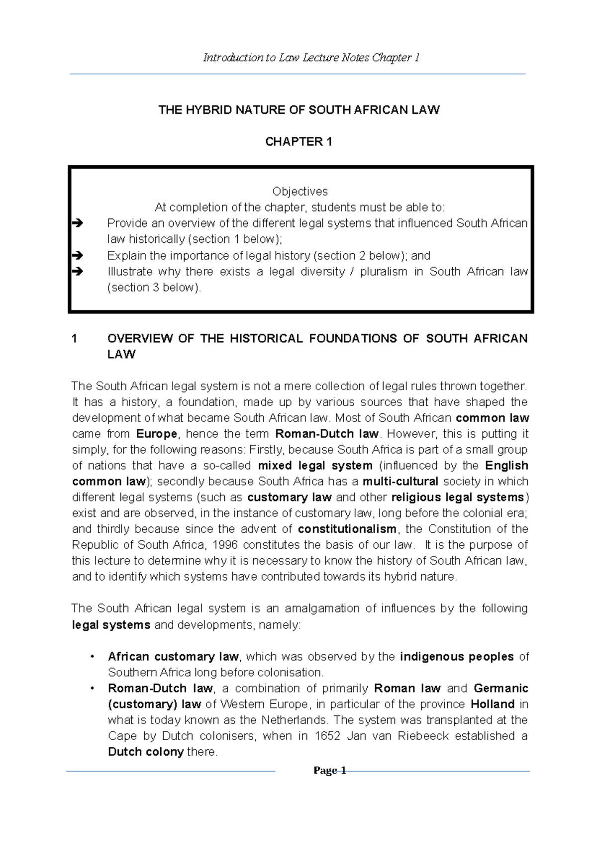 2020 Introduction to Law Chapter 1 - THE HYBRID NATURE OF SOUTH AFRICAN ...