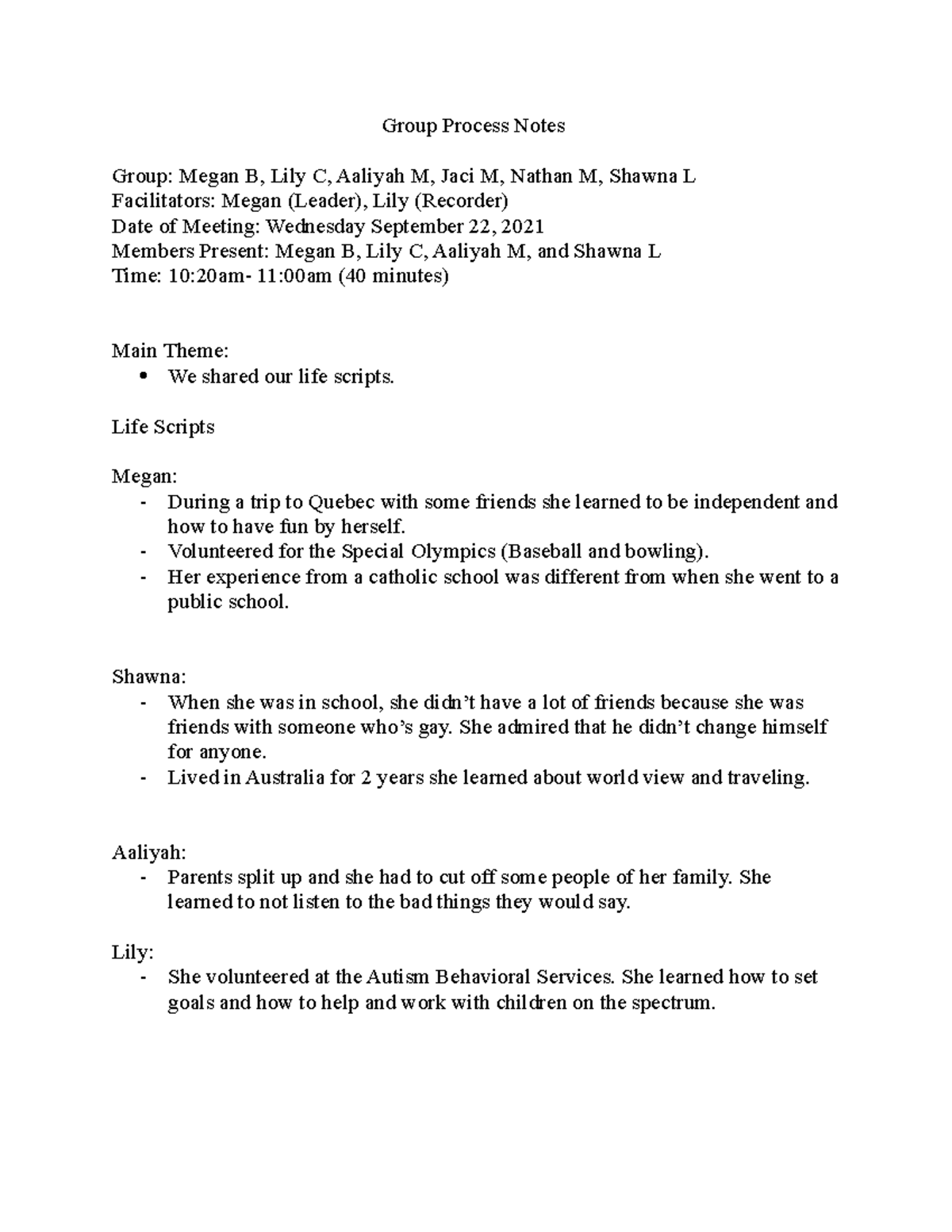 Group Process Notes - Group Process Notes Group: Megan B, Lily C ...