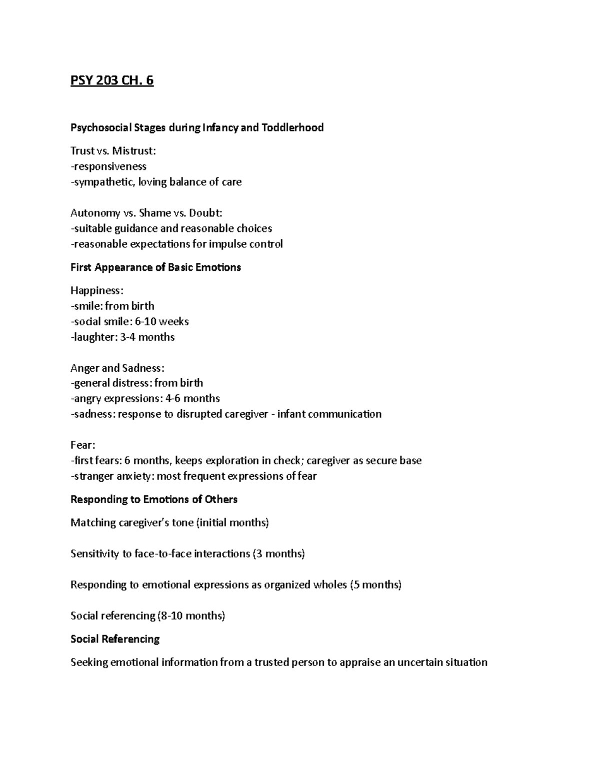 PSY 203 CHAPTER 6 - PSY 203 CH. 6 Psychosocial Stages during Infancy ...