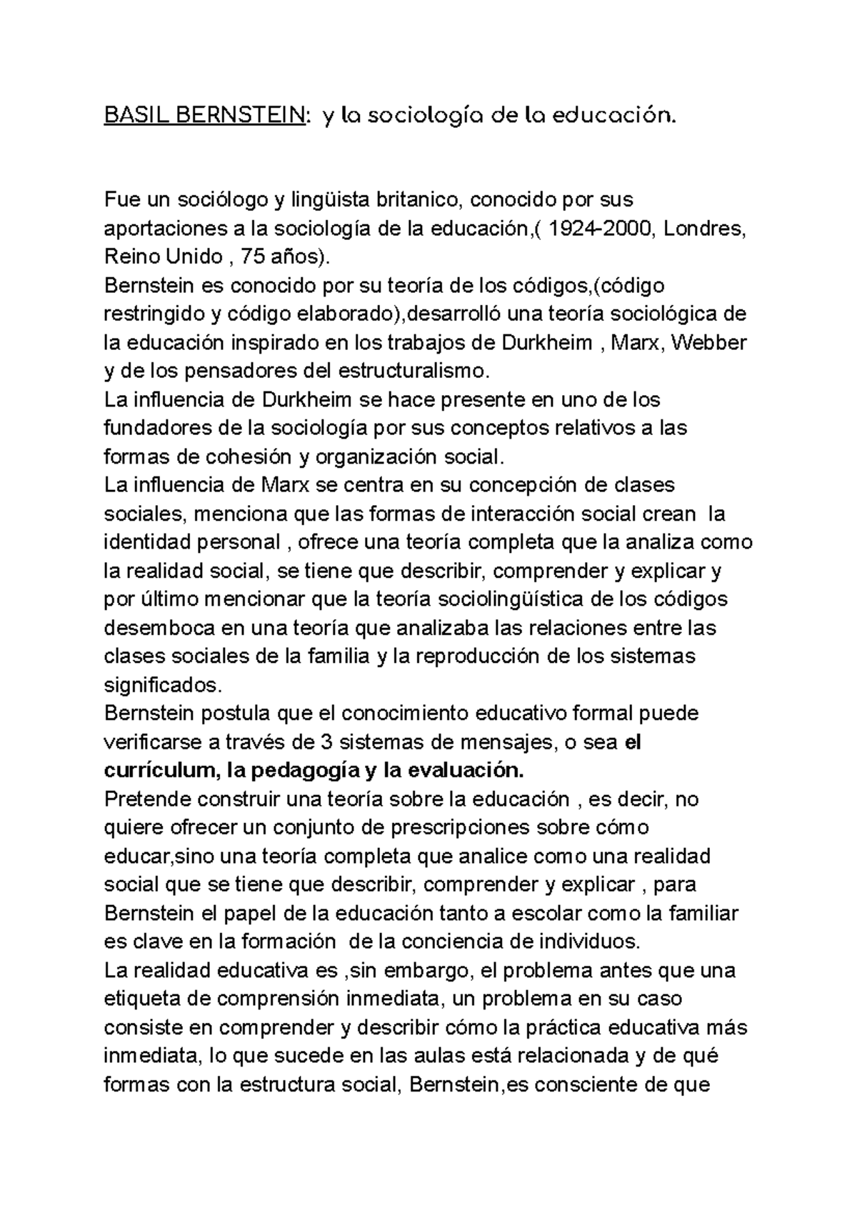 Basil Bernstein y la sociología de la educación - BASIL BERNSTEIN: y la sociología de la ...