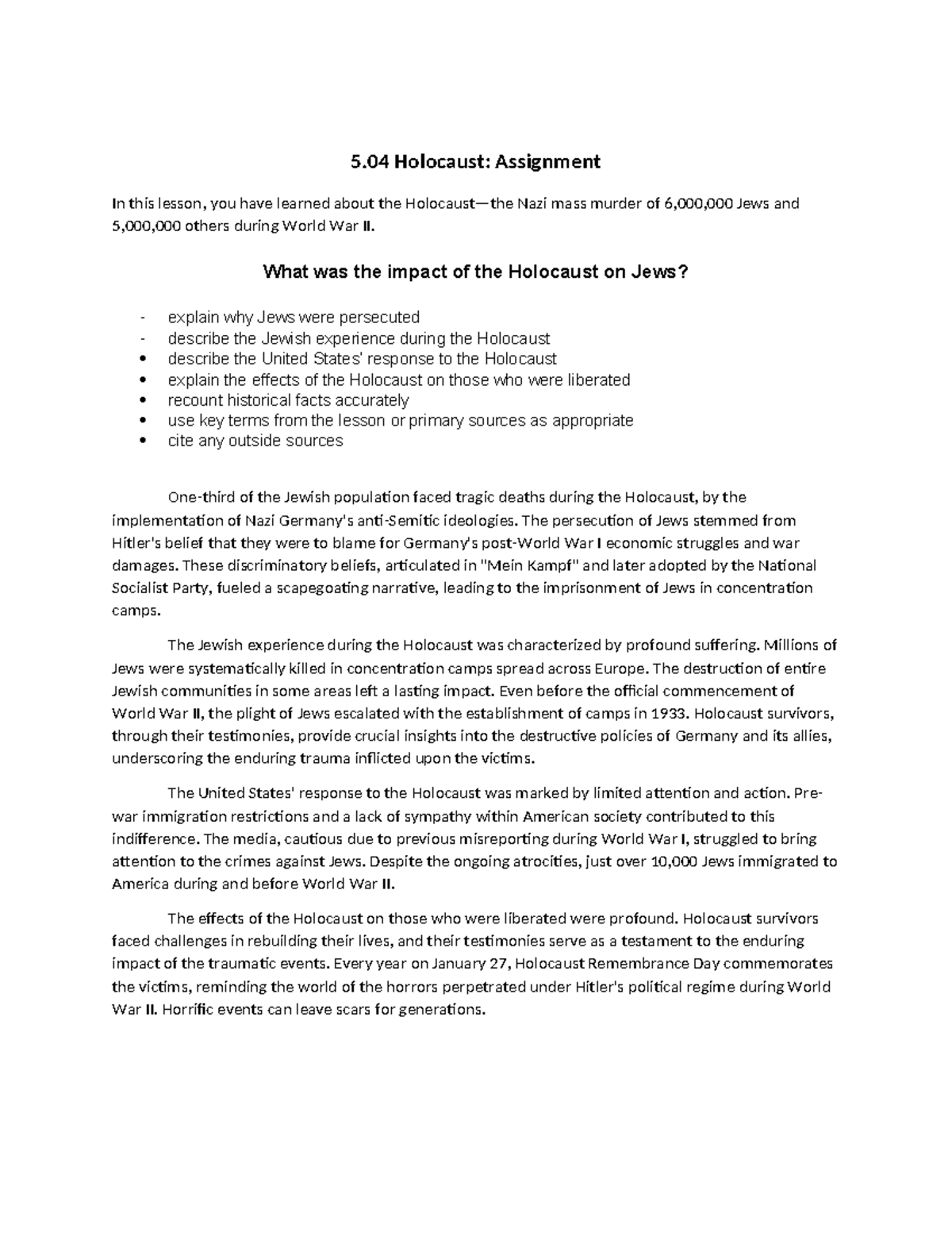 5.04 Holocaust - 5 Holocaust: Assignment In this lesson, you have ...