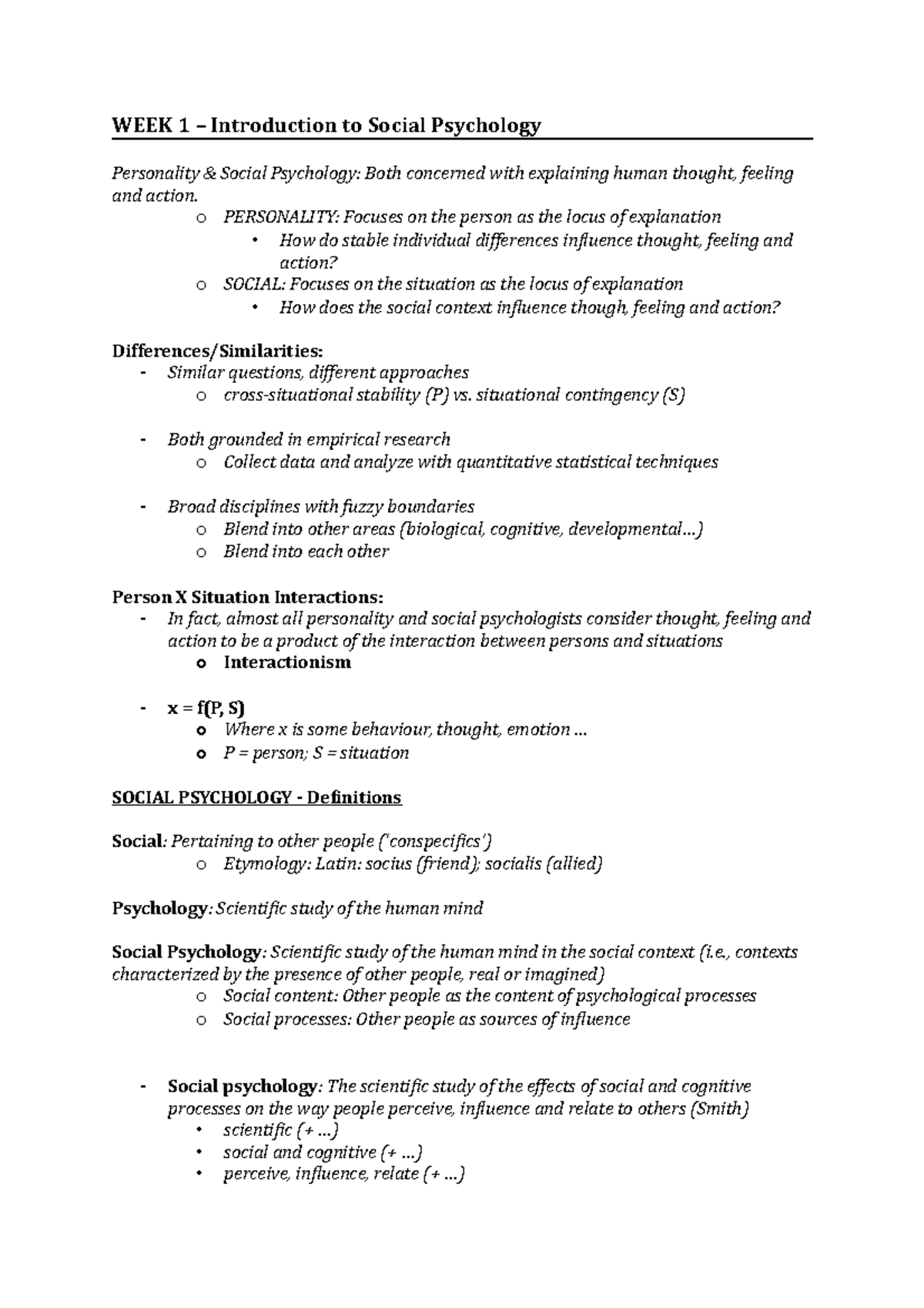 ALL Lecture Notes Personality & Social Psych - WEEK 1 – Introduction to ...