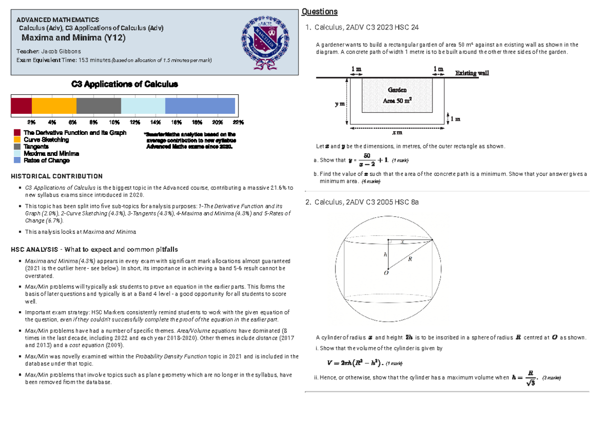 Maxima and Minima HSC Qs-1 - ADVANCED MATHEMATICS Calculus (Adv), C3 ...