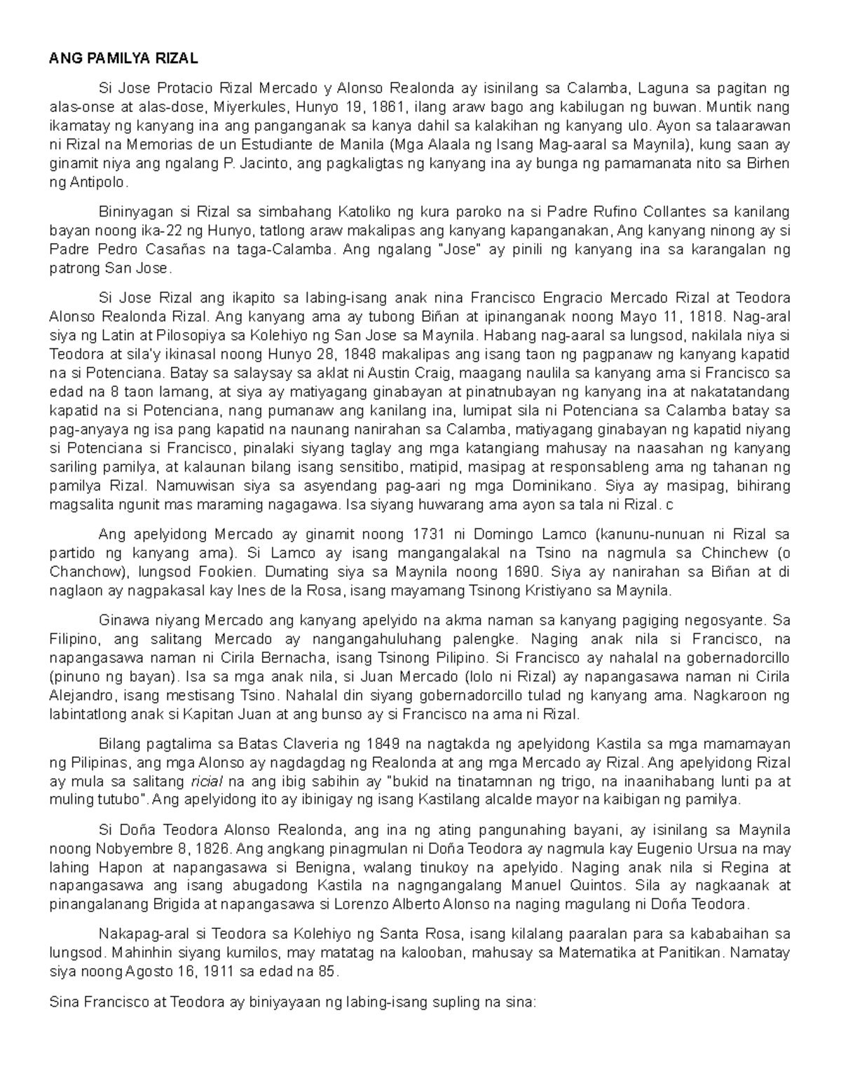 ANG Pamilya Rizal - for lecture notes - ANG PAMILYA RIZAL Si Jose ...