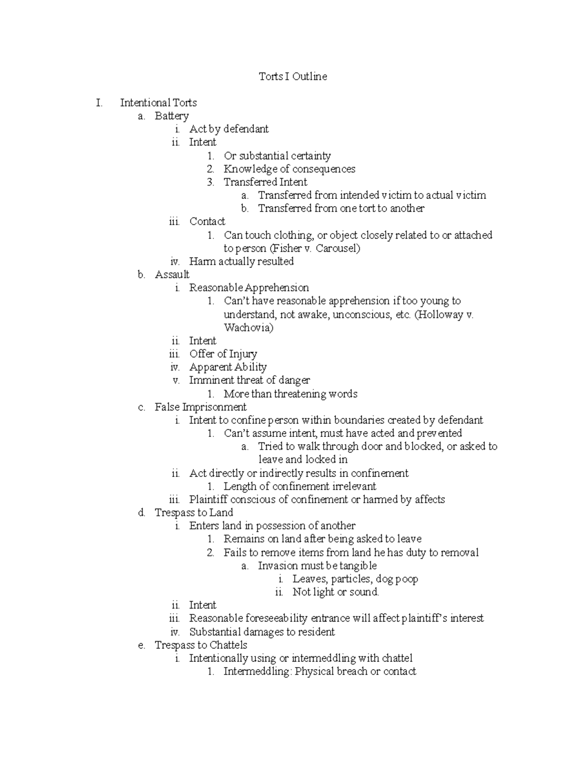 Torts Outline Roederer - Torts I Outline I. Intentional Torts a ...