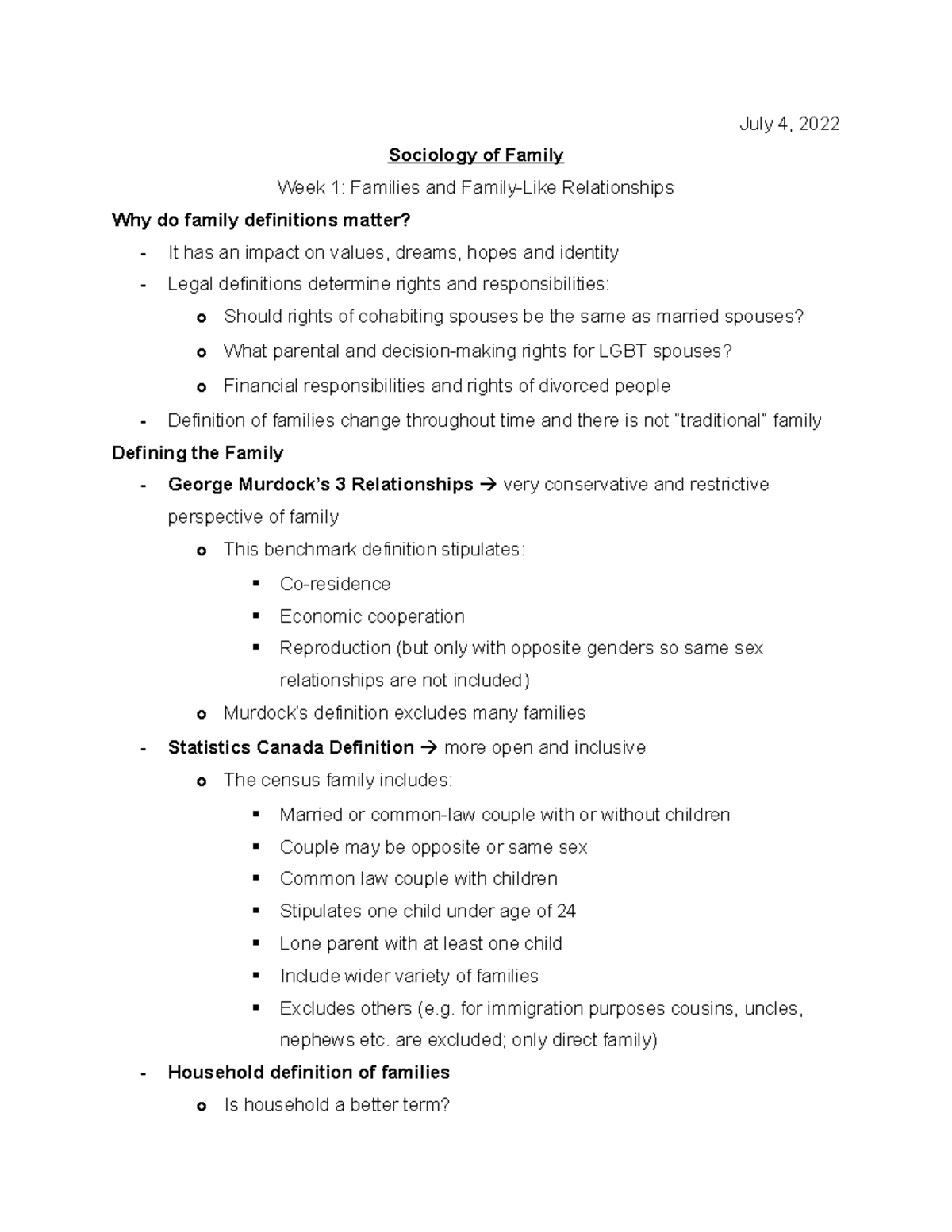 SOCI 200 Notes - for the cause - July 4, 2022 Sociology of Family Week ...