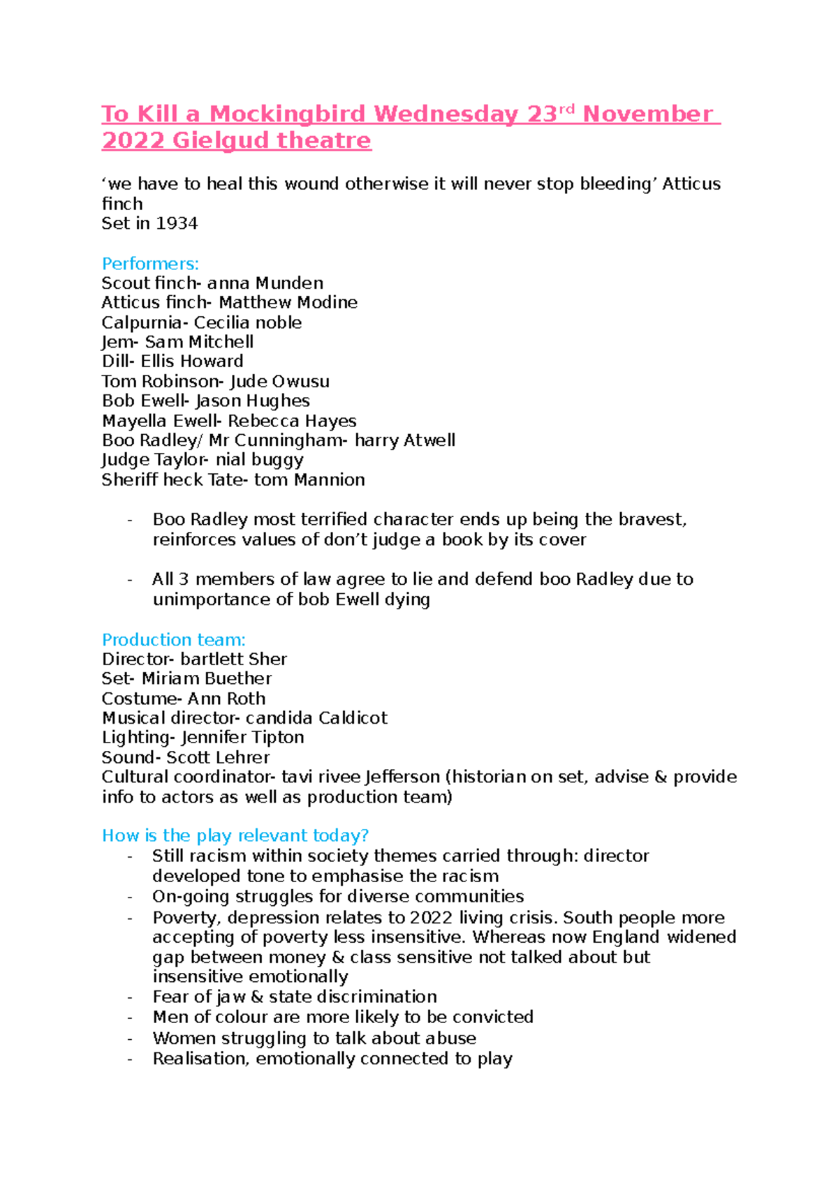 Wednesday 23rd November 2022 Gielgud theatre - To Kill a Mockingbird ...