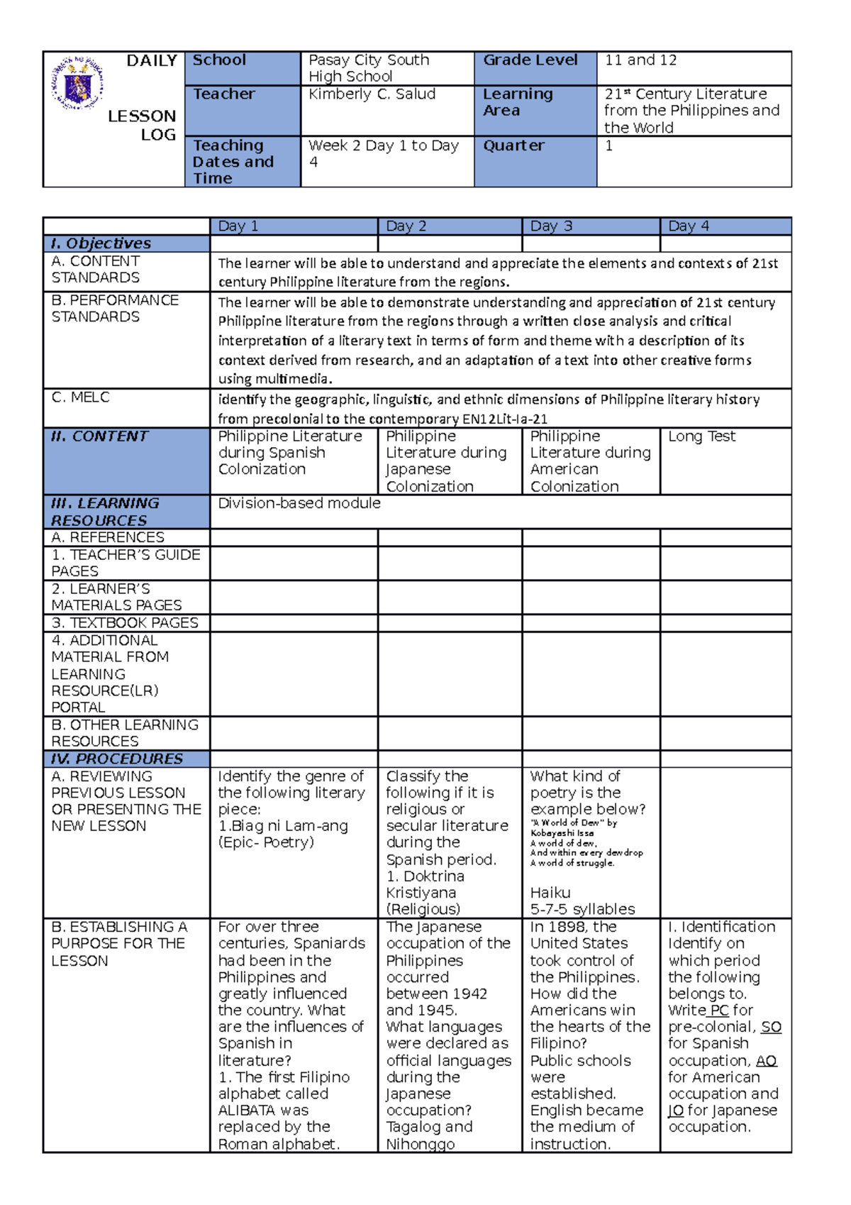 21ST DLL WEEK 2 - Lecture and materials - DAILY LESSON LOG School Pasay City South High School ...