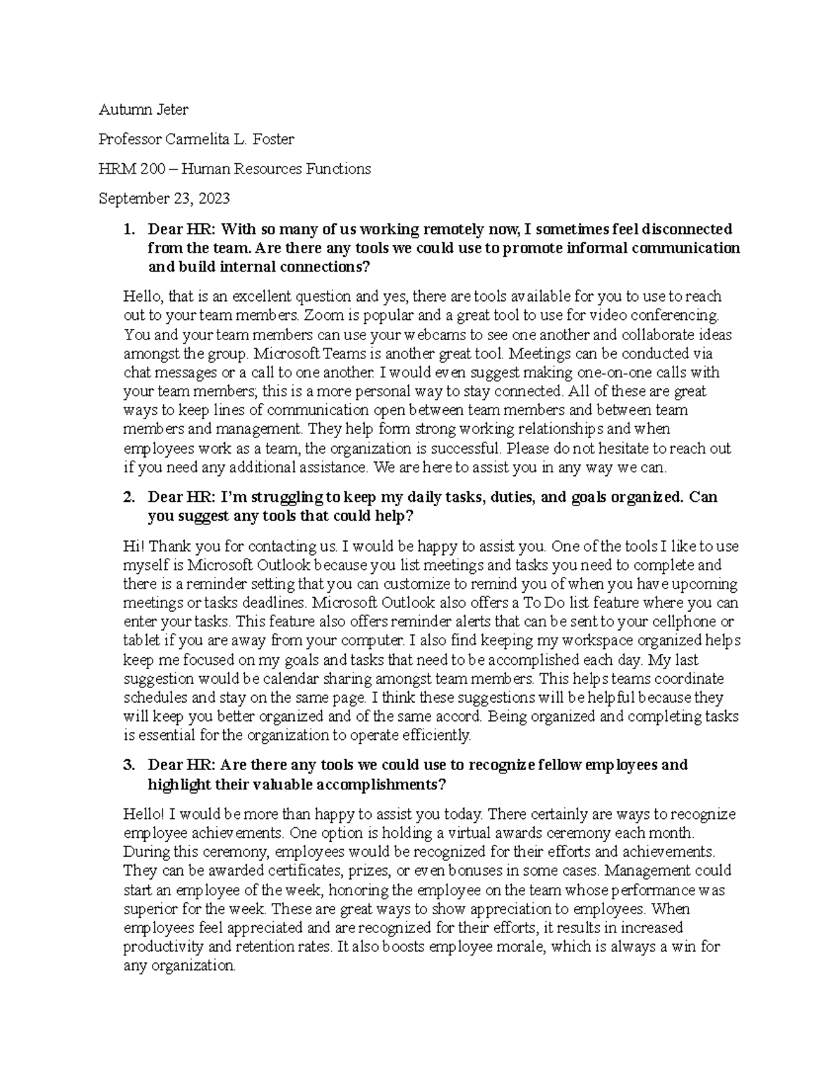 Human Resources Inbox 1 - Autumn Jeter Professor Carmelita L. Foster ...