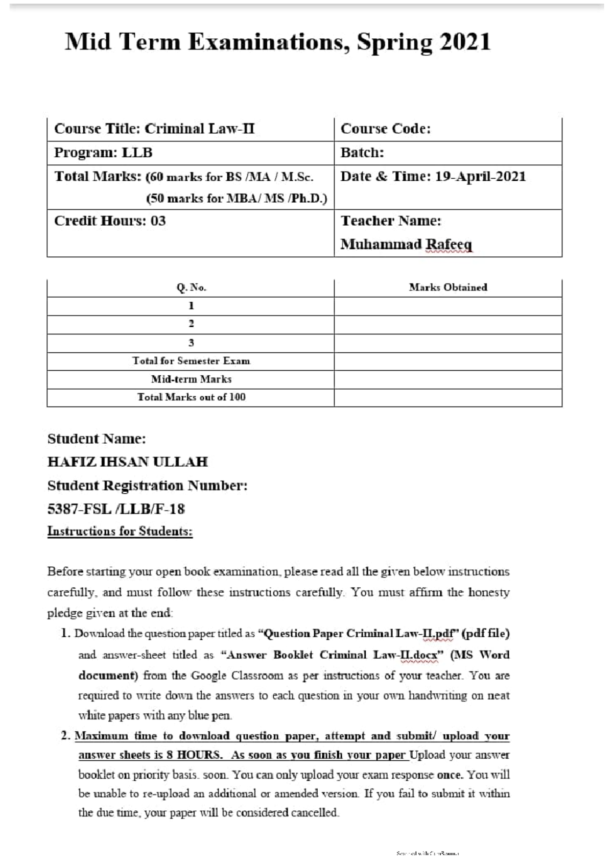 Criminal Law - II (Mid-Paper) - LLB - IIUI - Studocu