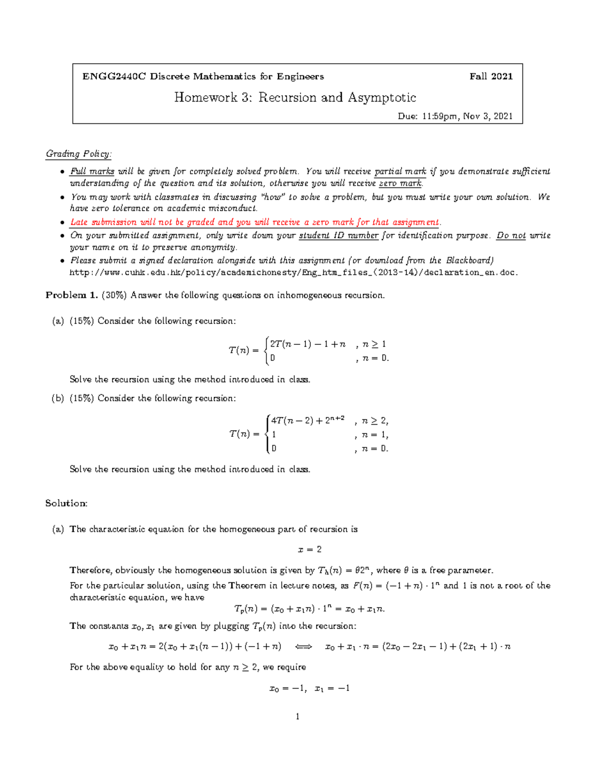 Hw3 sol - Exercise - ENGG2440C Discrete Mathematics for Engineers Fall 2021 Homework 3 ...
