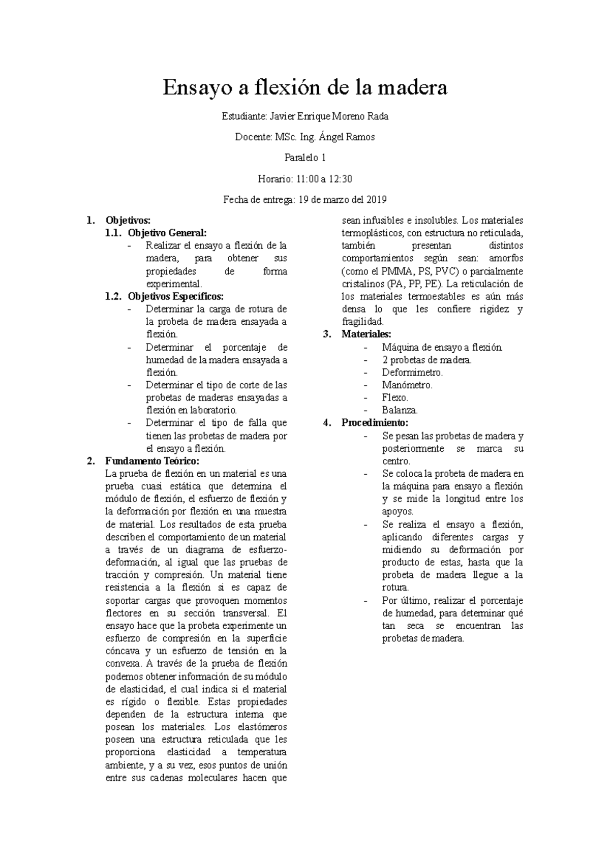 LAB 2 Ensayo A Flexion - Ensayo a flexión de la madera Estudiante ...